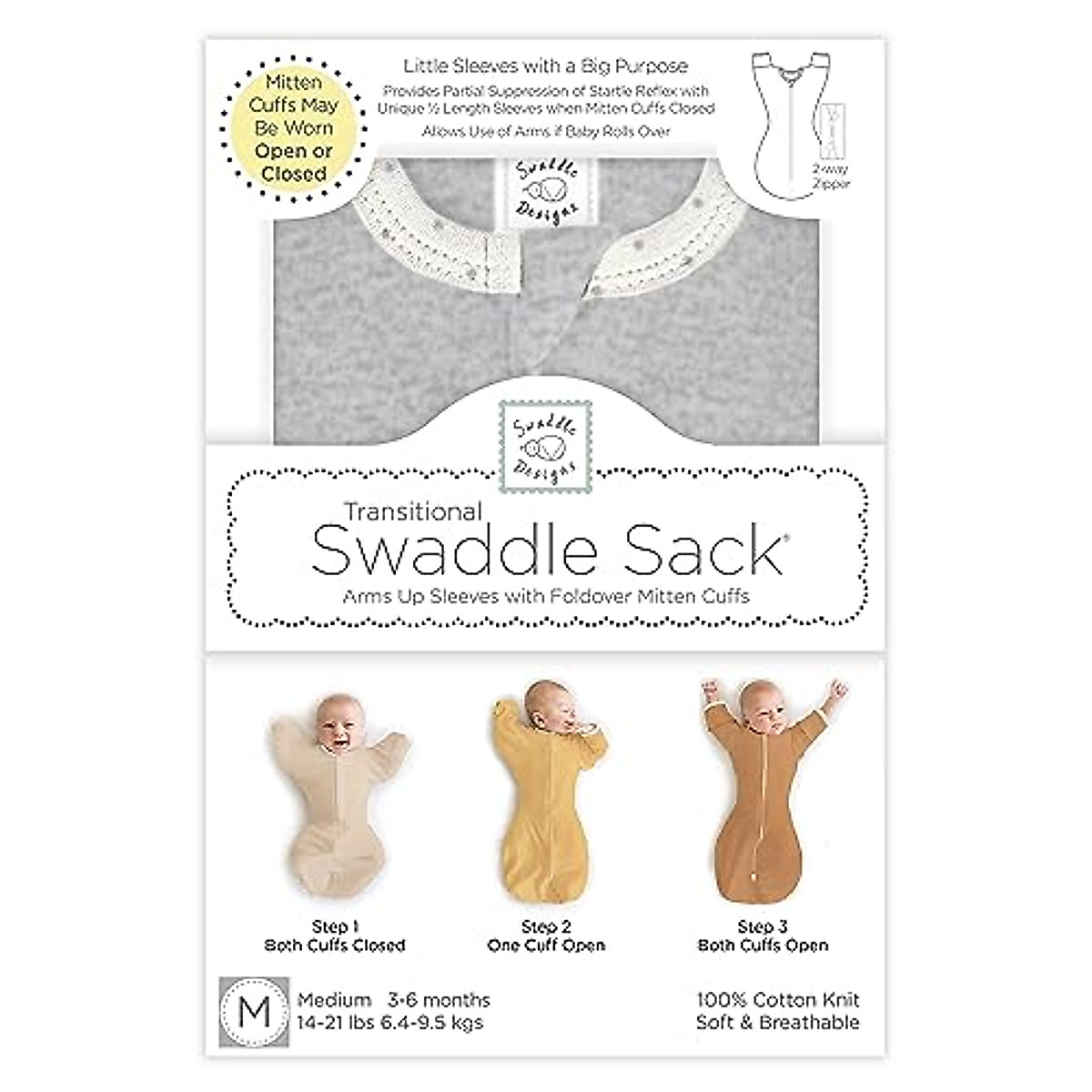 SwaddleDesigns Transitional Swaddle Sack with Arms Up Half-Length Sleeves and Mitten Cuffs, Medium, 3-6 Months, 14-21 lb, Heathered Gray (Arms Up Swaddle, Transition Swaddle Sleep Sack)
