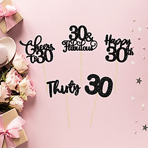 30 Pack Happy 30th Birthday Cupcake Toppers Black Glitter Thirty Cheers to 30 Birthday Cupcake Picks for Happy 30th Birthday Anniversary Party Cake Decorations Supplies