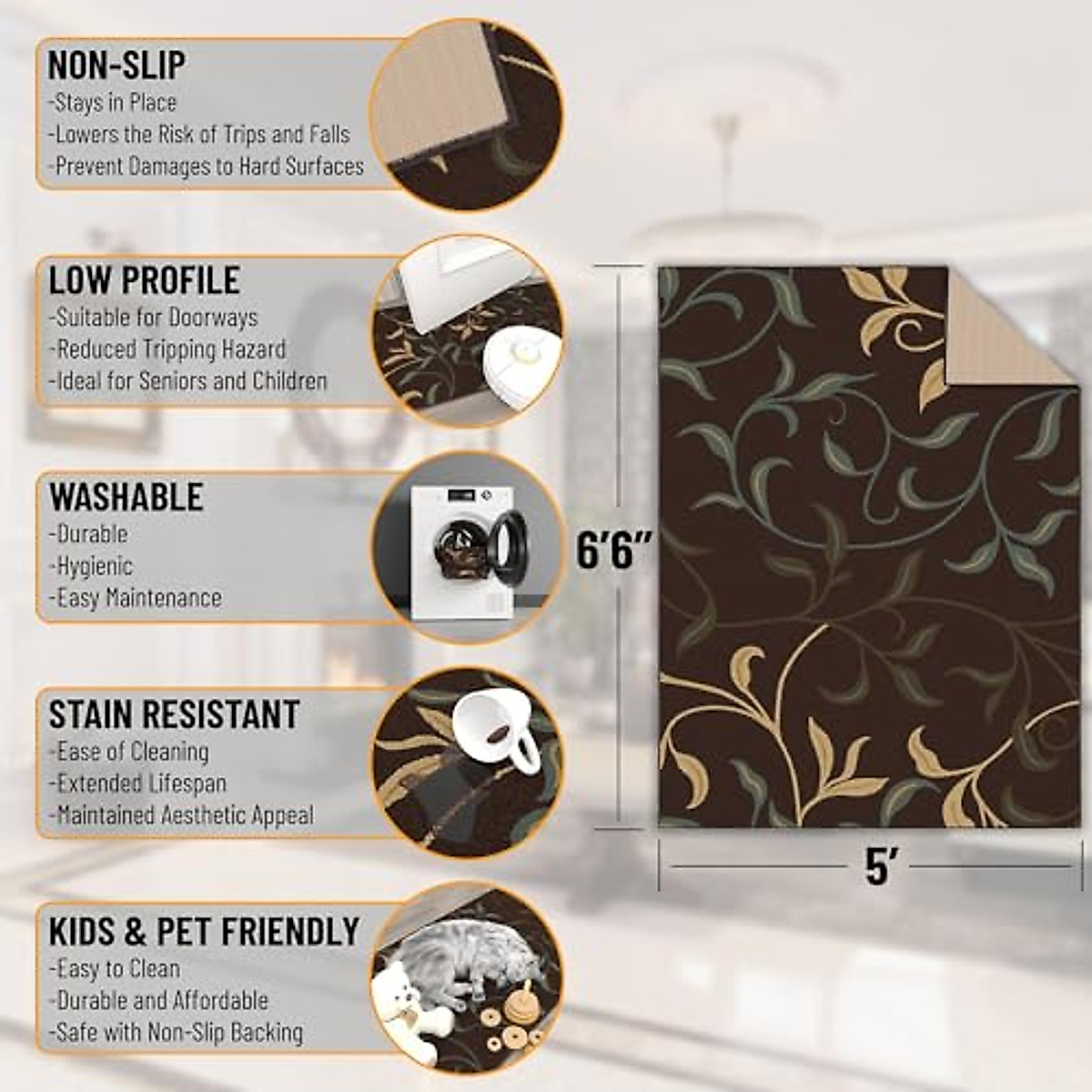 Machine Washable Leaves Design Non-Slip Rubberback 5x7 Traditional Area Rug for Living Room, Bedroom, Kitchen, 5' x 6'6", Brown