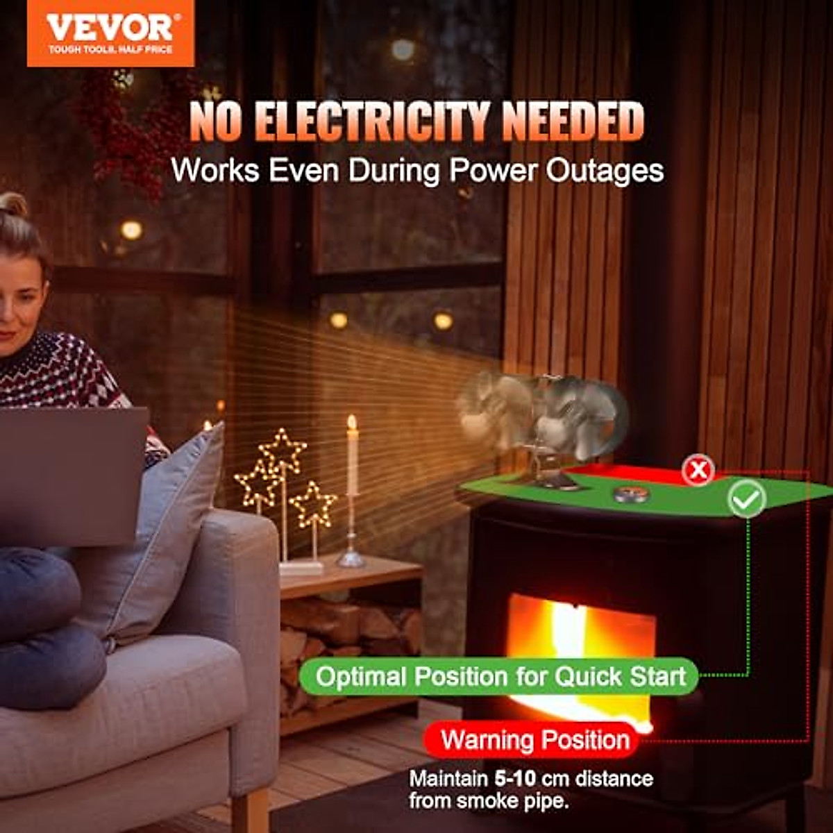 VEVOR Wood Stove Fan Heat Powered, 8 Blades Fireplace Fan Non-Electric, Quiet Thermoelectric Fan for Wood Burning Stove/Pellet/Log Burner, (with Accessories Magnetic Thermometer), Dual Motors