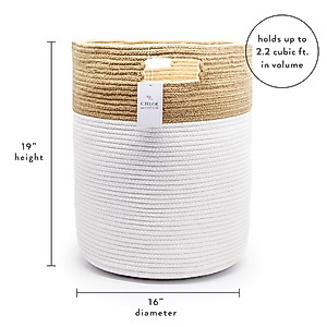 Large Living Room Blanket Basket | Tall Cotton Basket for Storage | 19 x 16 x 16 Inches | Laundry Hamper for Nursery & Bedroom | White & Tan