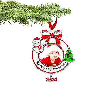 Yookeer Baby's First Christmas Photo Ornament 2025 My Very First Christmas Photo Frame Xmas Baby's 1st Keepsake Picture for Newborn Baby Christmas Tree Decor(1 Piece,Round)
