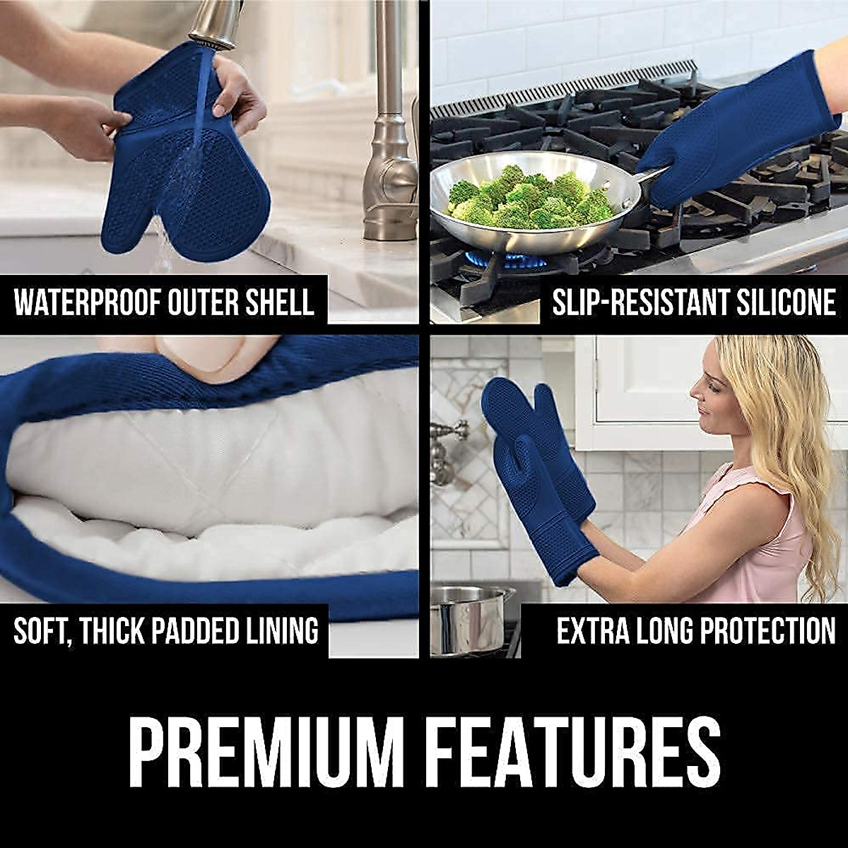Gorilla Grip Silicone Oven Mitts Set and Box Grater, Both in Blue Color, Oven Mitts are Heat Resistant, Grater is 4-Sided, Includes Detachable Container, 2 Item Bundle