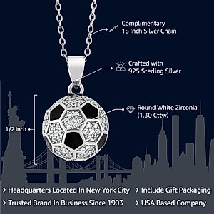 Gem Stone King 925 Sterling Silver Soccer Ball Pendant Necklace with Shimmering White Zirconia Stones | 1.30 Cttw | 1/2 Inch | A Stunning Gift for Soccer Fans and Athletes! | With 18 Inch Silver Chain