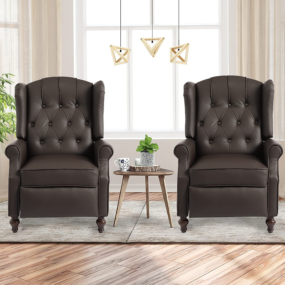 OBBOLLY Wingback Recliner Chair with Heat and Massage - Upholstered Push Back Chairs PU Leather Vibration Massage Recliner Chair, Accent Single Sofa for Living Room (Brown, Set of 2)