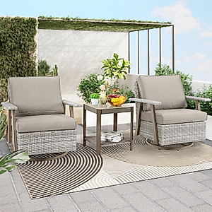 Auzfy 3 Pieces Outdoor 360° Swivel Rocker Patio Chairs Set, Outdoor Swivel Rocking Glider Chairs Set with Side Table, PE Wicker Rattan Outdoor Patio Swivel Rocking Furniture Set