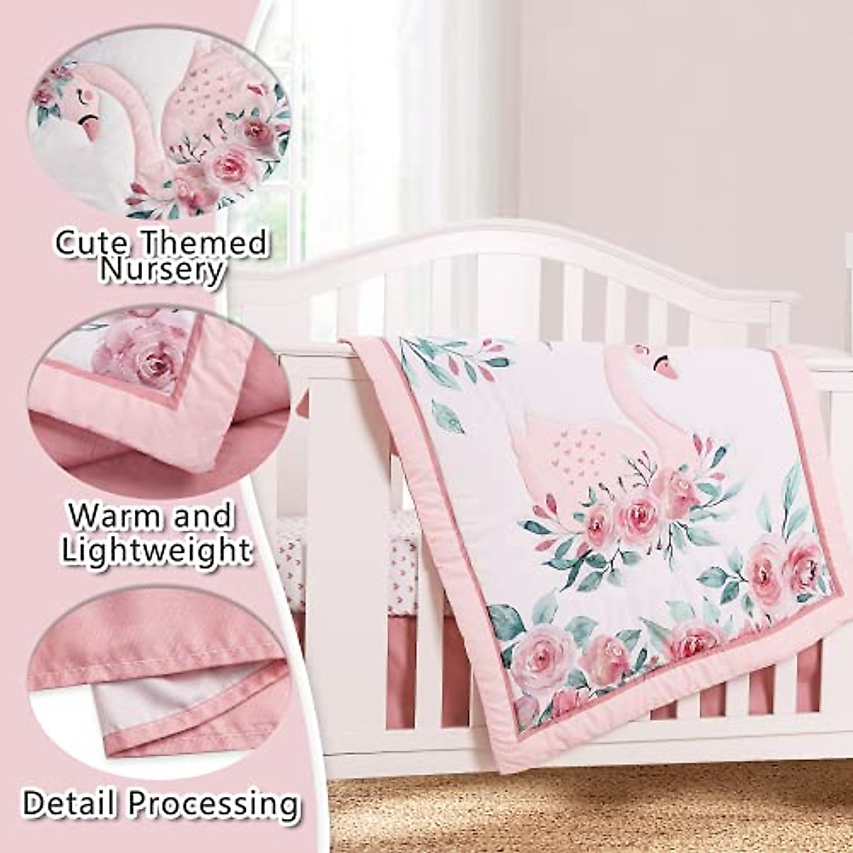 Honkaii Swan Crib Bedding Set for Girls 3pcs, Crib Sheet, Crib Skirt, Crib Quilt Included, Pink Crib Sets