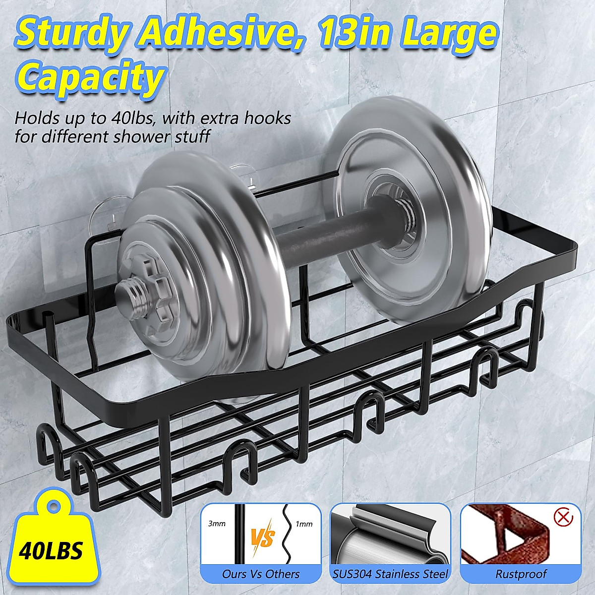 B-Land Shower Caddy 8 Pack, Large Capacity Shower Shelves Strong Adhesive Shower Organizer for Bathroom,No Drilling Rustproof Stainless Steel Bathroom Organizer with Hooks