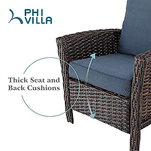 PHI VILLA 4 PCs Outdoor Patio Furniture Conversation Set Wicker Rattan Sofa Set with Coffee Table, Blue Padded Cushion for Garden, Lawn and Deck