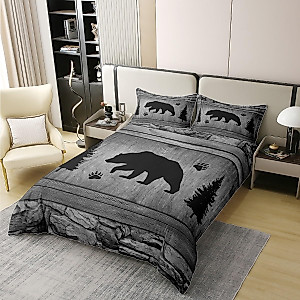 Manfei Bear 100% Nature Cotton Duvet Cover King Size,Jungle Hunting Wild Animals Silhouette Super Soft Bedding Set,Vintage Splicing Wooden Stripes Comforter Cover Bedding 3 Piece (No Comforter)