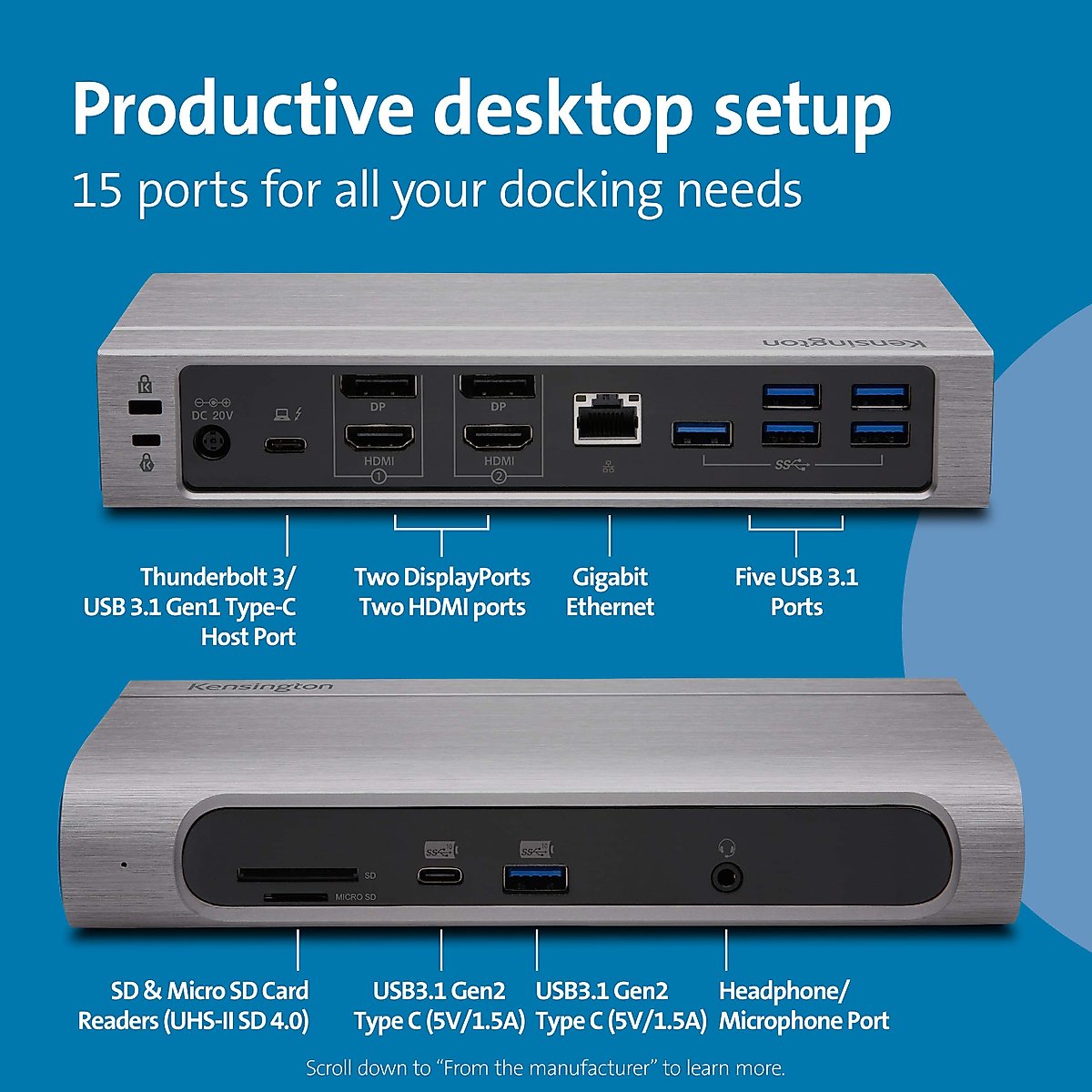 Kensington SD5600T 14-in-1 Thunderbolt 3 Dock USB-C - Compatible with Thunderbolt 4, Mac and Windows, 96W Charging, Dual 4K@60Hz, 40Gbps Transfer Speeds, HDMI 2.0 and DisplayPort, Ethernet (K34009US)