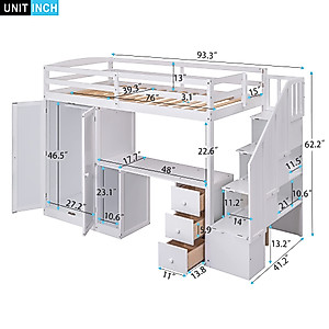 BOVZA Twin Size Loft Bed with Stairs and Wardrobe, Wooden Twin Loft Bed Frame with Desk and Storage Drawers and Cabinet in 1 for Kids Girls Boys Teens, White