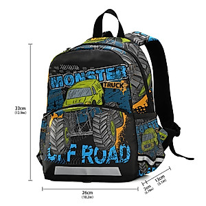 Glaphy Green Monster Truck Kids Toddler Backpack for Boys Girls, Children Bag Preschool Bookbag with Chest Strap for Daycare Kindergarten Travel