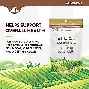 NaturVet All-in-One Dog Supplement - for Joint Support, Digestion, Skin, Coat Care – Dog Multivitamins with Minerals, Omega-3, 6, 9 – Wheat-Free Vitamins for Dogs – 13-Ounce Powder