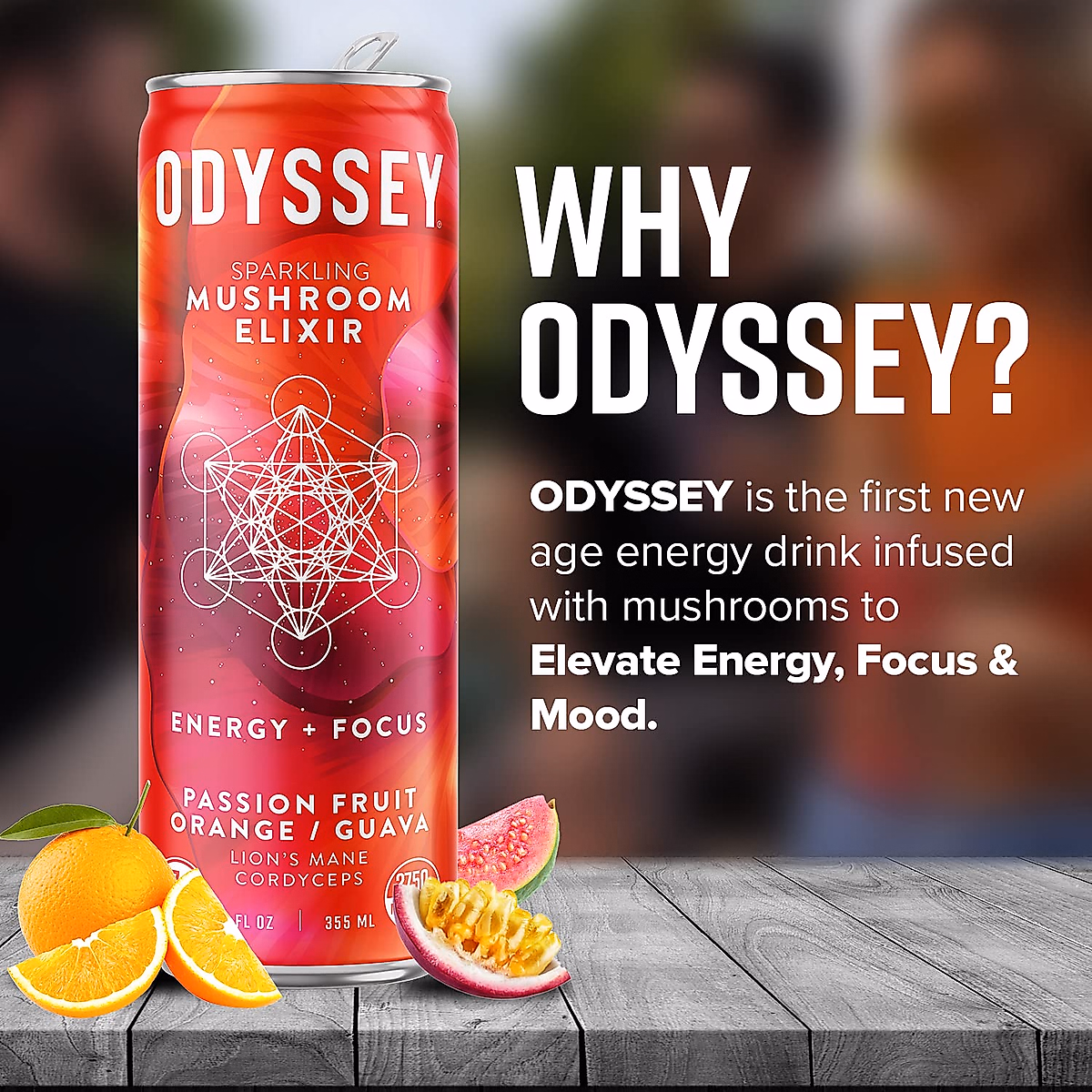 ODYSSEY ELIXIR Sparkling Mushroom Drink with Lions Mane and Cordyceps Adaptogenic Mushrooms, L Theanine and Green Tea Caffeine for Energy and Focus, 12 Fl oz, Variety Pack, 12 Cans