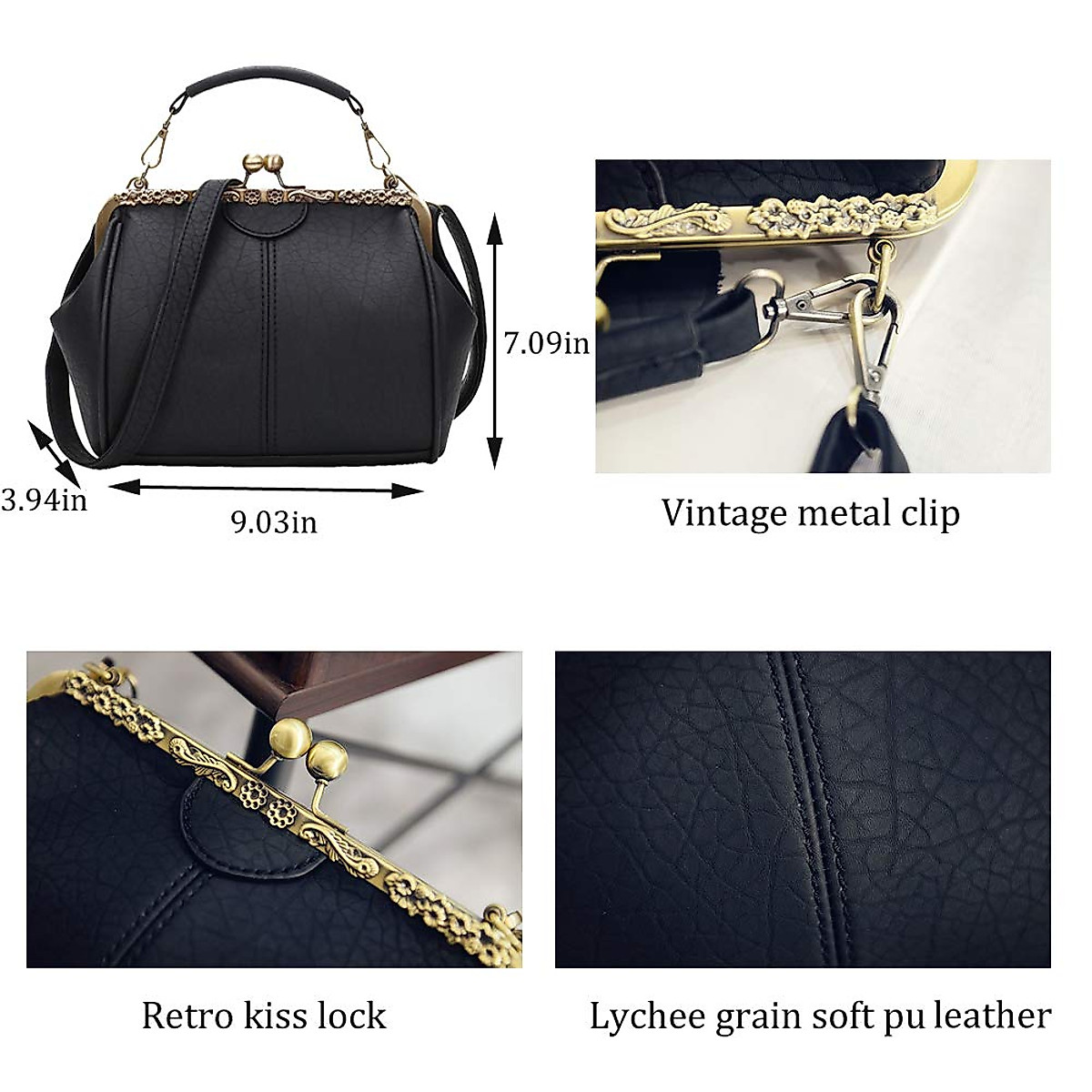 Tipiho Women Wedding Vintage Pu Handbag - Kiss Lock Antique Minimalist Purse(Blue)