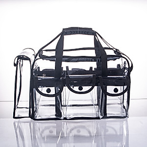 Wide Open Large Professional Clear PVC Travel Makeup Artist Set Bag Cosmetic Nails Beauty Bag Transparent Vinyl Tool Organizer Work Bag Beach Bag Diaper Bag with 6 External Pockets & Strap (Black)