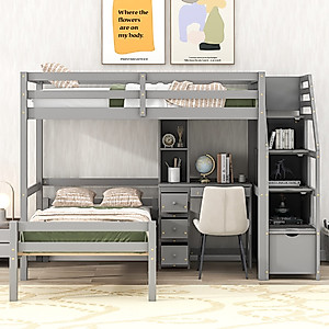BIADNBZ Twin Over Twin Bunk Bed with Stairs Storage, Desk, Shelves and Drawers, Wood L-Shaped Bunk Bed Convertible into Loft Bed with Staircase and a Platform Bedframe, Gray