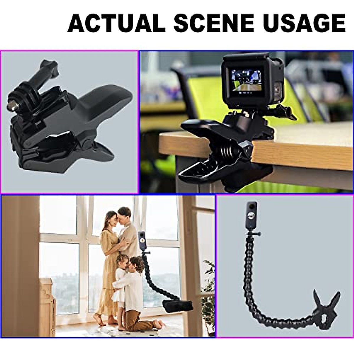 Jaws Flex Clamp Mount with Adjustable Gooseneck 19-Section Compatible with Insta360 One X3, X2, X, R, Go 2, GoPro Hero 10, Max, Fusion, DJI Osmo Action 2 Cameras Accessories