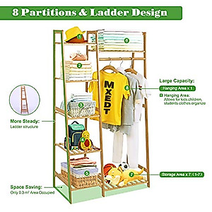 COOGOU Wood Clothes Rack Garment Racks for Hanging Bamboo Clothing Rack with Shelves Corner Narrow Hanging Clothes Racks for Kids Childs Clothes Organizer Small Space,Free Standing (Ladder Design)