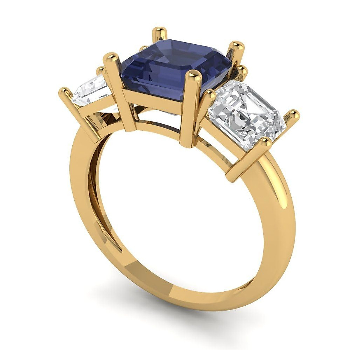 Clara Pucci 3.35 Square Emerald Baguette Cut Engraving 3 stone Faux Blue Sapphire Designer Solitaire Statement Ring 18K Yellow Gold 10.5