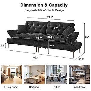 TPHORK 102" Convertible Sleeper Sofa, Chenille Loveseat Couch, Modern 2-Seat Futon Sofa with Adjustable Armrest & Pillows for Living Room Compact Space (Black)