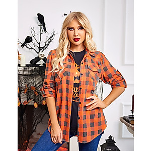 Zeagoo Womens Tartan Plaid Flannel Shirts, Roll up Sleeve Casual Boyfriend Button Down Gingham Checkered Shirt, Orange, X-Large