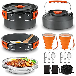 Camping Cooking Set Camping Cookware Outdoor Aluminum Mess Kit with Frying Pan, Pot with Lid, 1.2L Kettle Set and 2 Stainless Steel Plate, 2 Folding Cups and 2 Set Knives Spoons for Backpacking Picnic