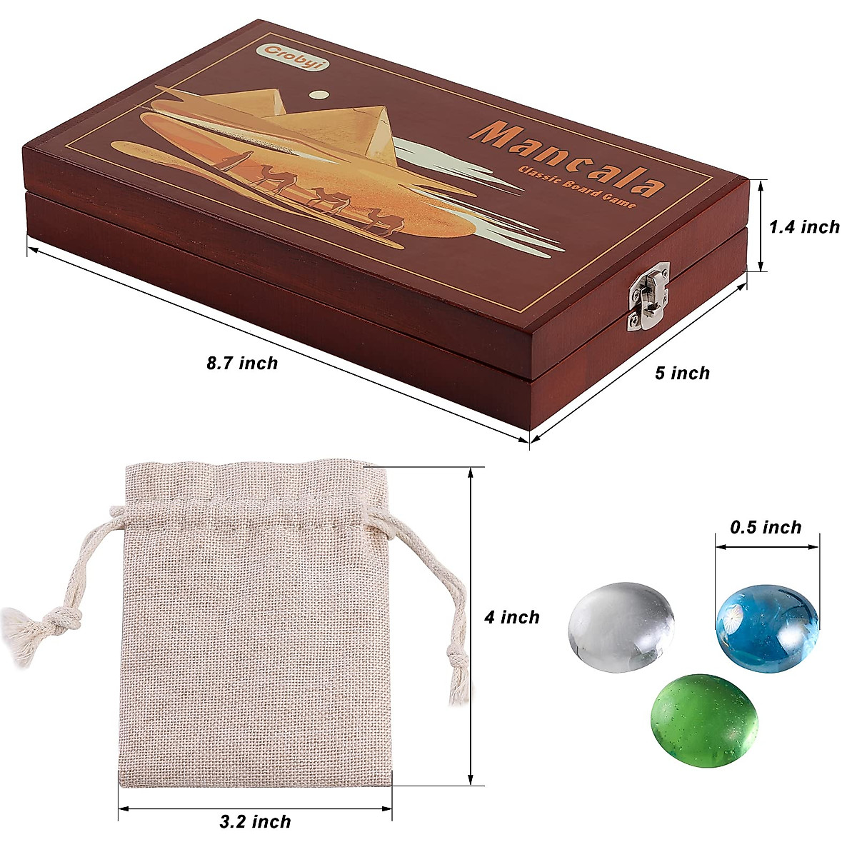 Crobyi Mancala Board Game Set for Kids & Adults, Includes Portable Folding Rubber Wood Board, 48+5 Glass Stones, Stones Storage Bag & Mancala Instructions. Classic Marble Board Game for Family.