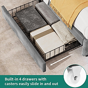 YITAHOME Queen Size LED Bed Frame, Storage Bed Frame with 4 Drawers & USB Ports, Upholstered Platform Bed with Velvet Headboard, Footboard and Built-in LED lights, No Box Spring Needed, Gray