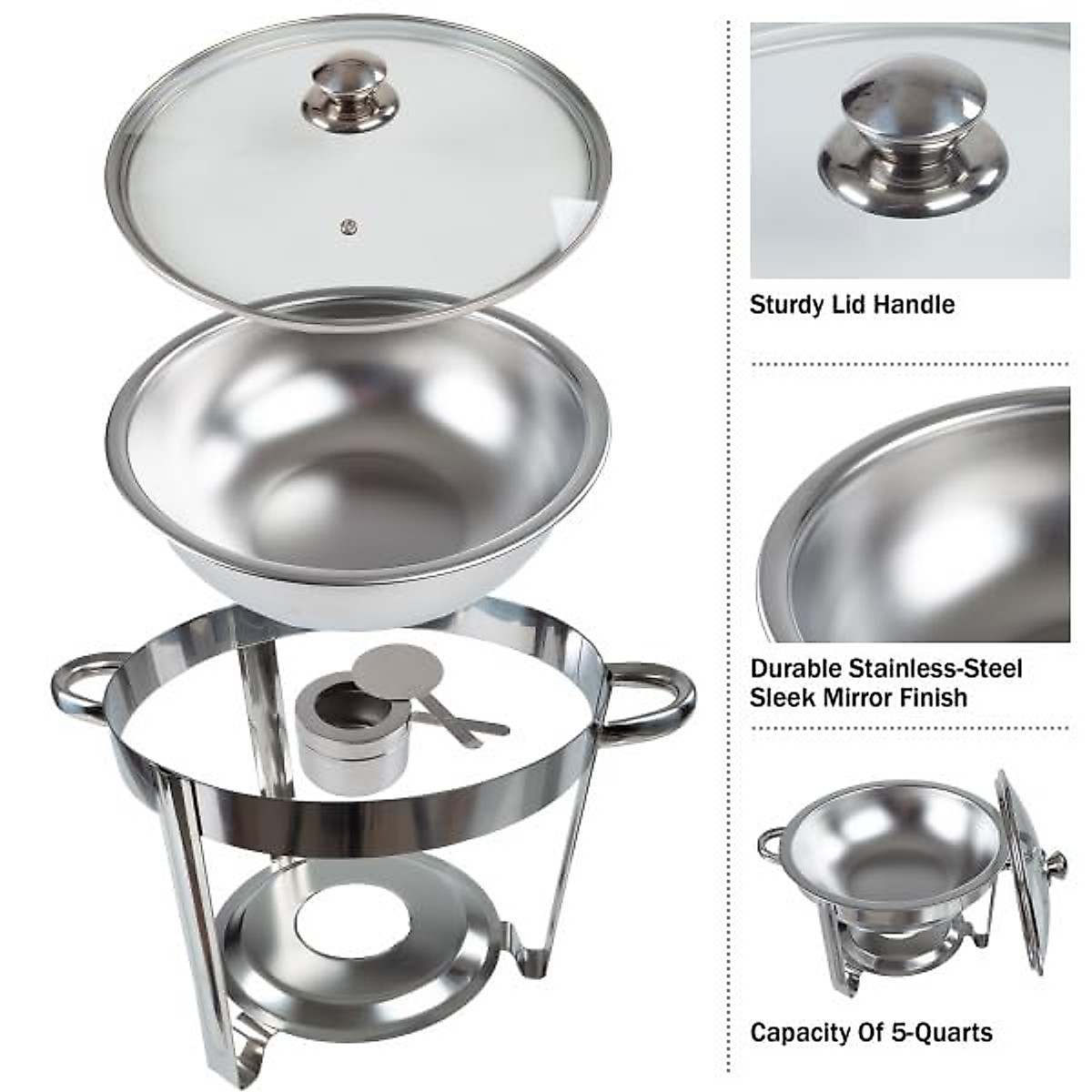 Round 5 QT Chafing Dish Buffet Set - Includes Water Pan, Food Pan, Fuel Holder, Cover, and Stand - Food Warmers for Parties by Great Northern Popcorn
