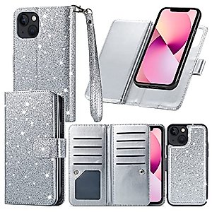 Varikke iPhone 13 Wallet Case, Glitter PU Leather with Card Holder, Detachable Cover, Kickstand & Strap - Silver