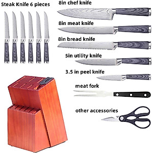 Daanaas Knife Set with Wooden Block and Sharpener 16 Pieces,Kitchen Knives Sets Full Stainless Steel,Professional Chef Knife Sets with Steak Knives Knofe Set (grey)