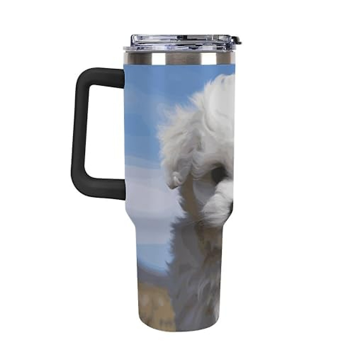 LLUTSNTH 40 Oz Vacuum Tumbler with Black Handle Leakproof Insulated Tumbler Bichon Frise Dog Stainless Steel Travel Mug with Lid And Straw Coffee Cup Cute Water Bottles Cup Holder Friendly