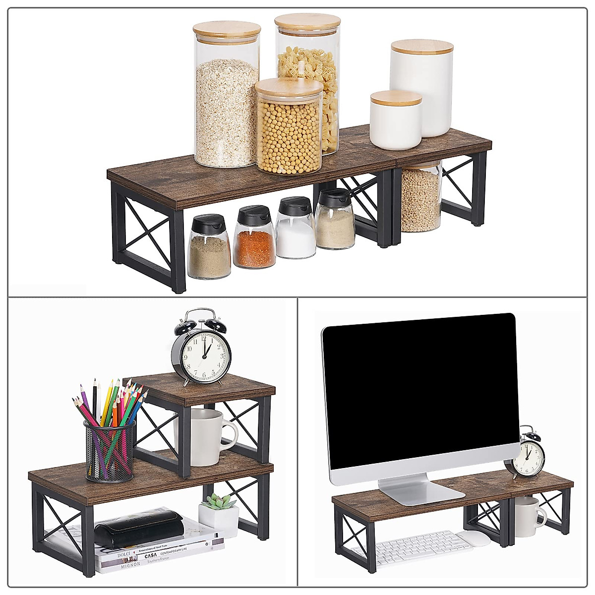 Giikin Wood Desktop Shelf - Table Top Corner Shelf Stand - Kitchen Counter Organizer - Multi-Purpose Adjustable Riser for Monitor Cups Jars Spices - 2 Tier Independent Stackable Desk Stand…