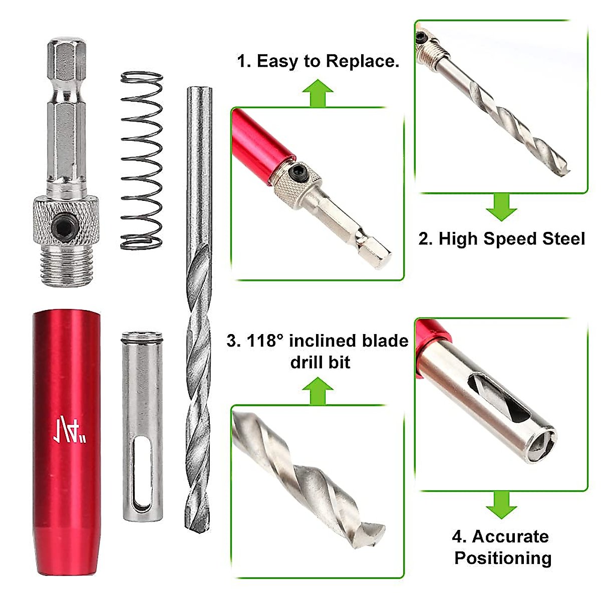 BicycleStore 17PCs Self Centering Drill Bit Set, Hex Shank Self Center Hinge Drill Bits Tool for Woodworking Window Door Hinge with 1 Hex Key, 8 Drill Bits 5/64'' 7/64'' 9/64'' 11/64'' 13/64'' 5
