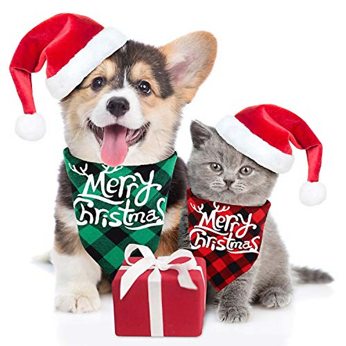 4 Pieces Christmas Dog Bandanas Christmas Buffalo Plaid Pet Scarf Xmas Dog Triangle Bibs Decoration Adjustable Washable Bandanas Kerchief Party Supplies for Dogs Cats