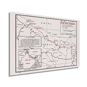 HISTORIX Vintage 1968 China Nepal Boundary Map - 24x36 Inch Vintage Map of China & Nepal Wall Art - History Map of Tibet - Old China Nepal Map