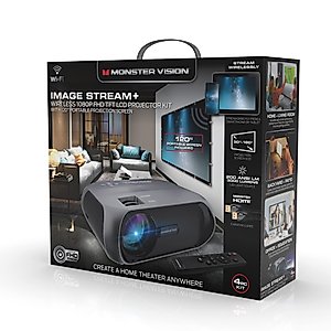 Monster Vision 1080P Image Stream Projector and 120” Portable Screen, 2500 Lumens, Universal Video/Audio/Photo Format Support, Wireless Device Mirroring, Stream Videos/Photos from Android/iOS Devices