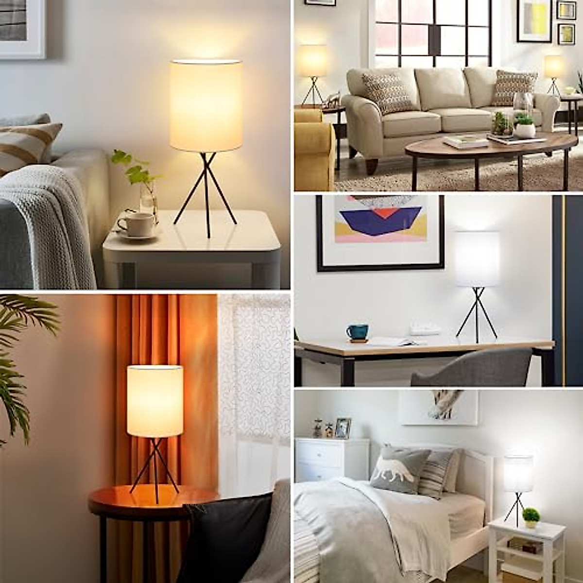 FOLKSMATE Bedside Table Lamp with Black Metal Base, Modern Small Desk Lamp, Nightstand Lamp with White Linen Fabric Lampshade, Side Table Lamp for Bedroom Living Room Home Office, Bulb Not Included