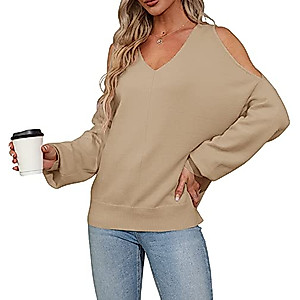 MaQiYa Women's V Neck Cold Shoulder Sweaters Oversized Batwing Long Sleeve Chunky Knit Pullover Sweater Tops Khaki