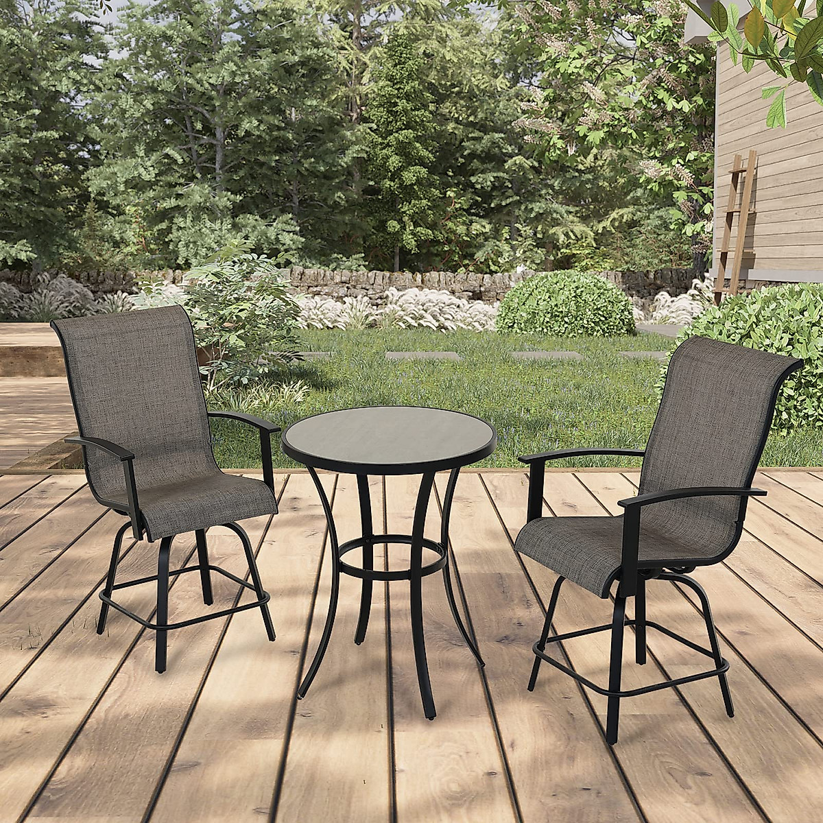 Grand patio 3 Piece Counter Height Patio Bar Set, Modern Round Bar Table and Swivel Bar Stools for Outdoor Kitchen Bistro Small Space Restaurant (Coffee, 3PC)
