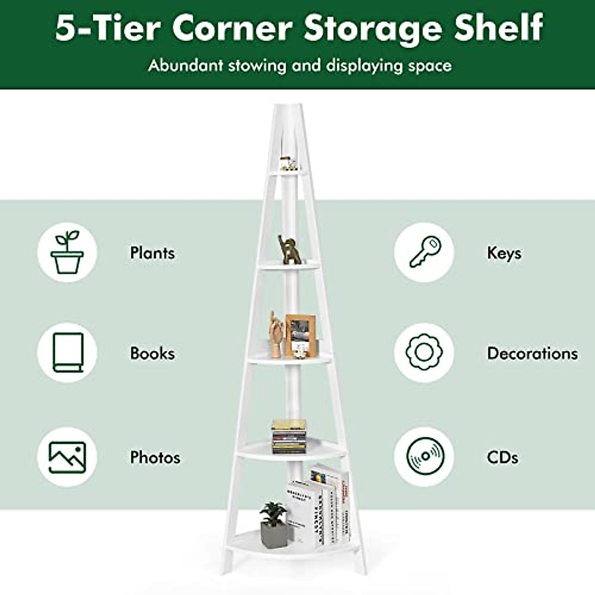 Tangkula 5 Tier Corner Shelf, 69 Inch Tall Corner Bookshelf, 5 Shelf Small Bookcase, Wooden A-Shaped Display Storage Rack, Corner Ladder Shelf Plant Stand for Living Room Home Office