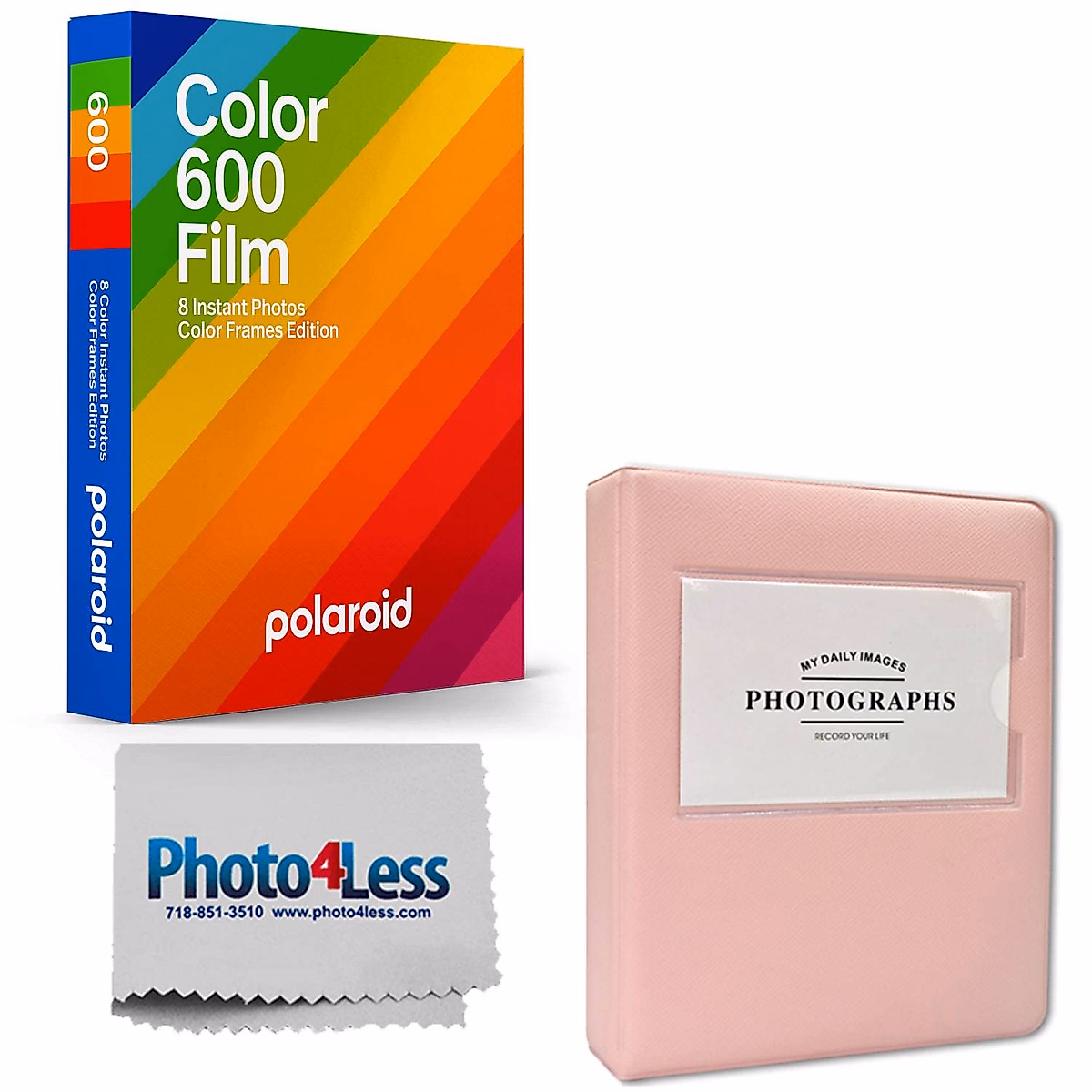 Polaroid Color Film for 600 Color Frame + Pink Album holds 32 photos + Cleaning Cloth