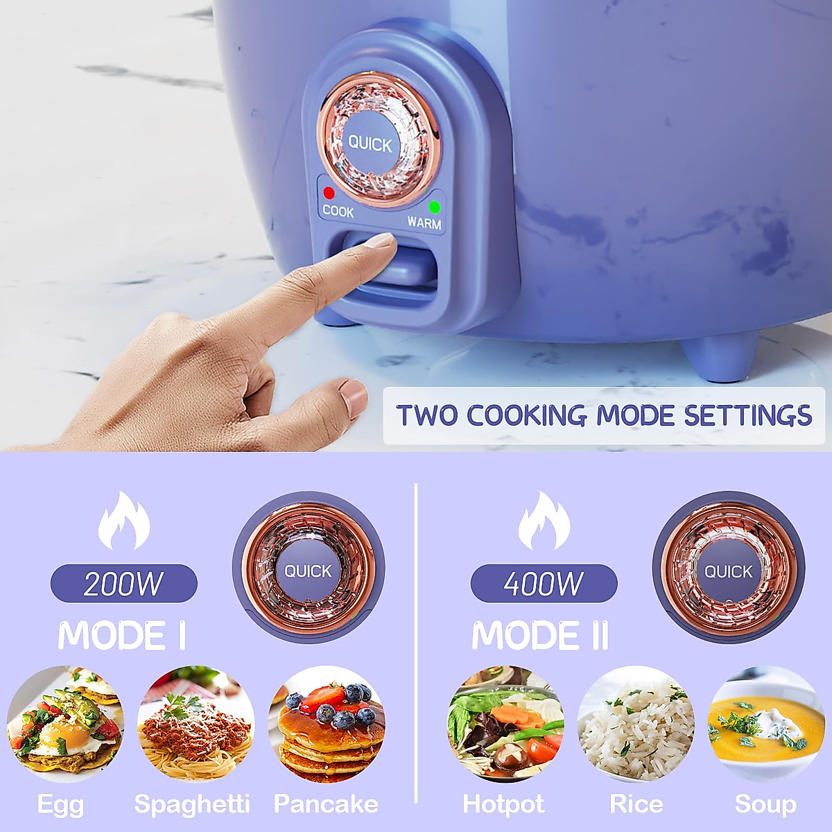 Macook Rice Cooker Small with Food Steamer, Rice Cooker 4 Cups Uncooked (8 Cups Cooked), 2.0L Portable Non-Stick Small Travel Rice Cooker, Two Cooking Mode Setting, Slow Cook Mode