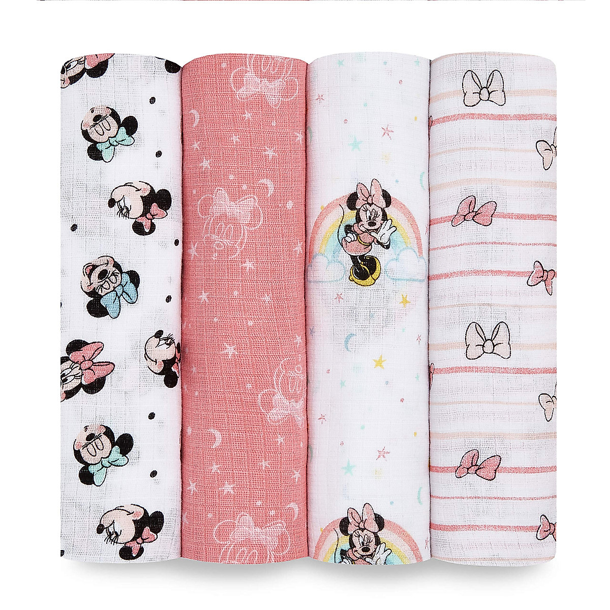 aden + anais Aden Swaddle Blanket, Muslin Blankets for Girls & Boys, Baby Receiving Swaddles, Ideal Newborn Gifts, Unisex Infant Shower Items, Wearable Swaddling Set, 4 Pk, Minnie Mouse Rainbows