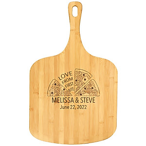 Personalized Bamboo Pizza Board with Handle Customized Wood Serving Cutting Pizza Board with Engraved Custom Name Monogram – Wedding, Anniversary, Housewarming, Birthday, Mom, Dad Gift