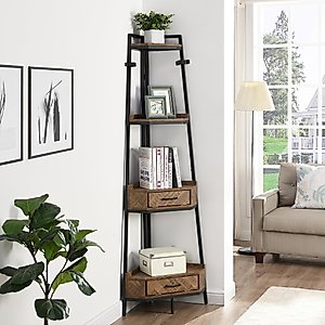 LifeSky Industrial Corner Ladder Shelf - 72.64 Inch Tall Corner Shelves with Drawers - 4-Tier Corner Bookshelf for Living Room Black