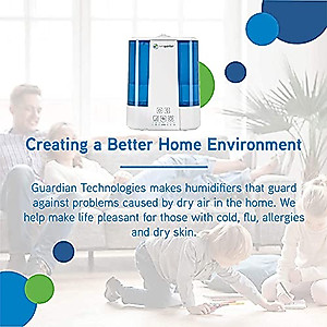 PureGuardian H5225WCA Ultrasonic Warm & Cool Mist Humidifier, 100 Hrs. Run Time, 2 Gal. Tank, 560 Sq. Ft. Coverage, Quiet, Filter Free, Silver Clean Treated Tank, Essential Oil Tray, White/Blue