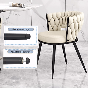 Homedraft Woven Dining Chairs Set of 6, Modern Hand Weaving Dining Chair with Black Metal Legs, Upholstered Club Chairs with Black Frame for Dining Room, Kitchen, Vanity, Beige